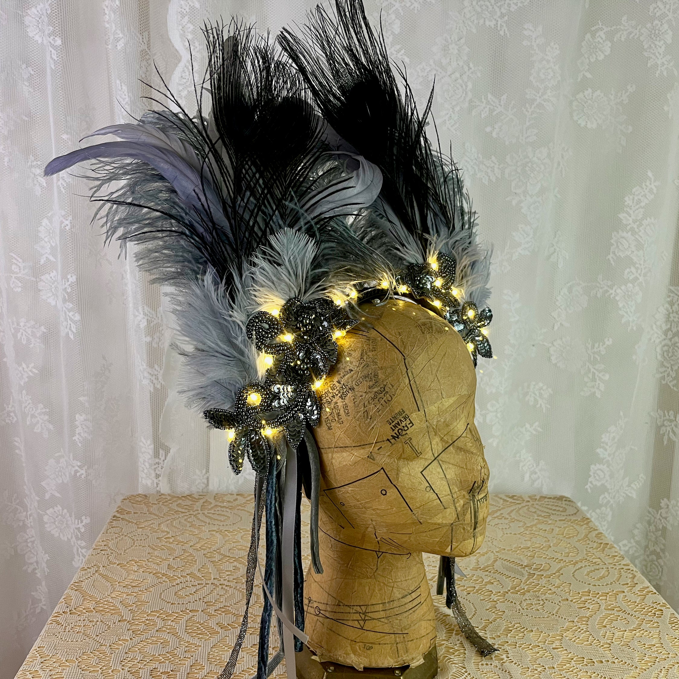 Pewter gray light up feather headdress - light up costume headpiece ...