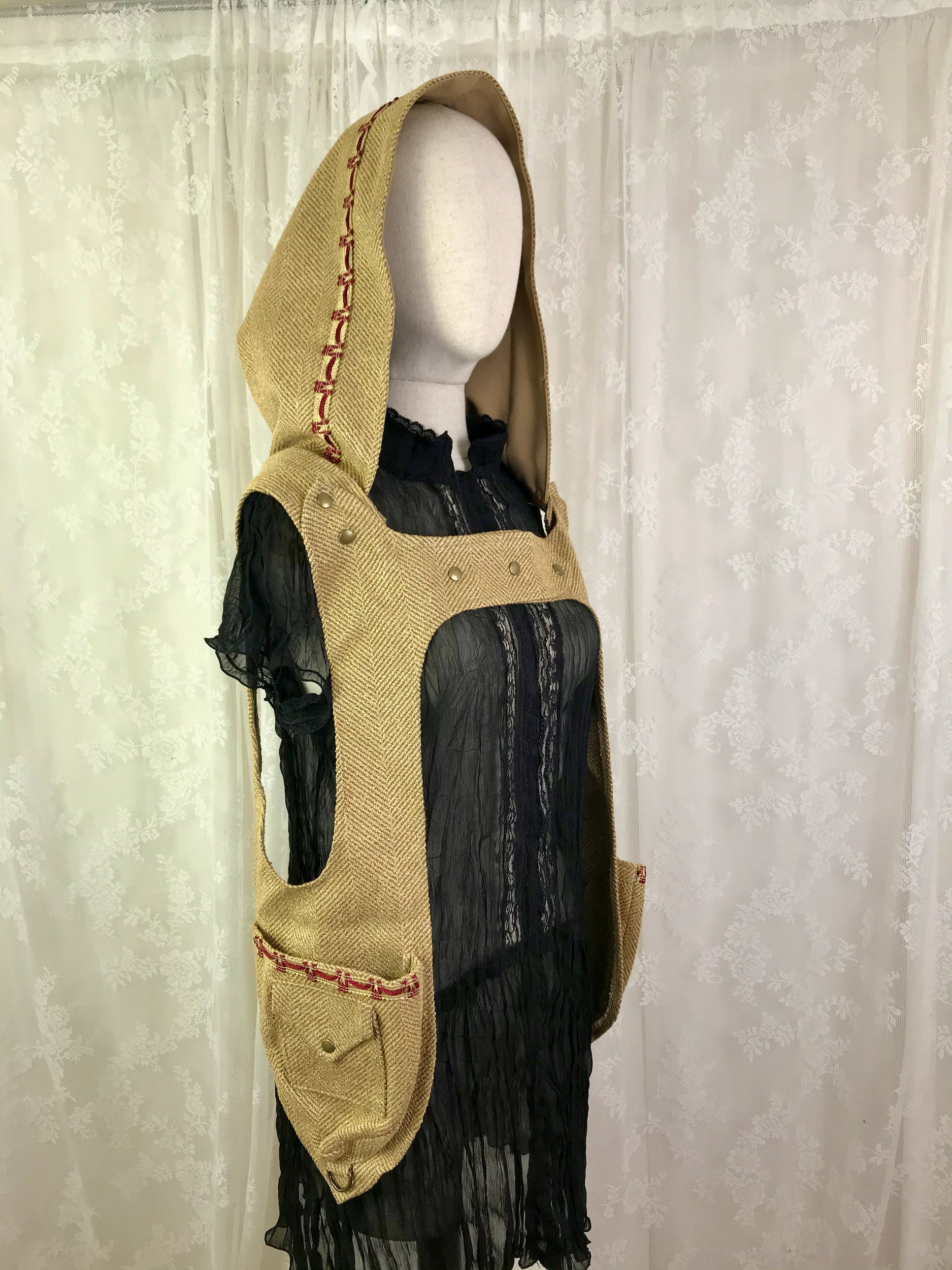 XL Beige herringbone tweed holster hoodie - steampunk pocket vest ...